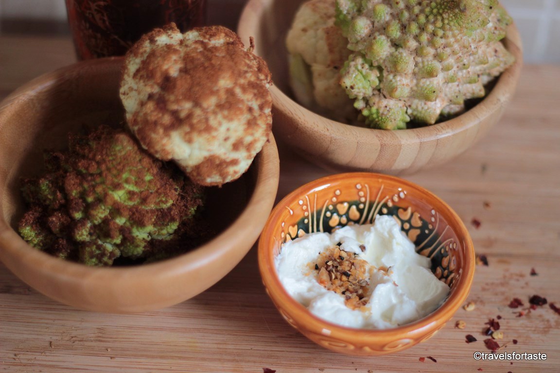 Roasted mini Romanesque cauliflower with dukkah yoghurt dip - Travels ...